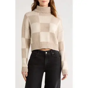 Splendid Thea Check Crop Turtleneck Sweater - Pale Oak White/brown