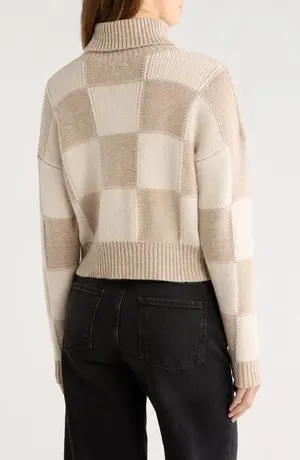 Splendid Thea Check Crop Turtleneck Sweater - Pale Oak White/brown