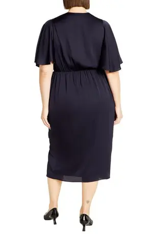 City Chic Sateen Faux Wrap Midi Dress - Navy