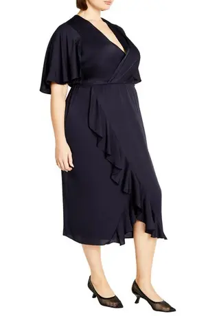 City Chic Sateen Faux Wrap Midi Dress - Navy