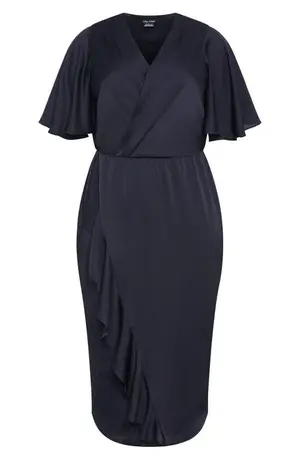 City Chic Sateen Faux Wrap Midi Dress - Navy