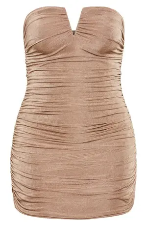 City Chic Iris Ruched Strapless Mini Dress - Taupe