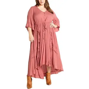 City Chic Rosie Lace Trim High-low Maxi Dress - Pink