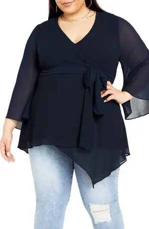 City Chic Ainsley Tie Waist Top - Navy