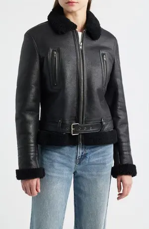 Frye Leather Jacket With Genuine Shearling Trim
