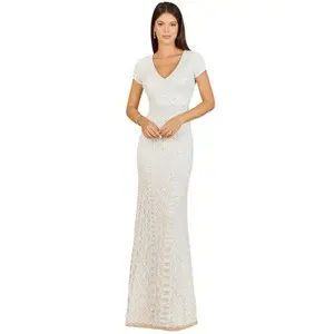 LARA NEW YORK Beaded V-neck Gown With Cap Sleeves - Ivory