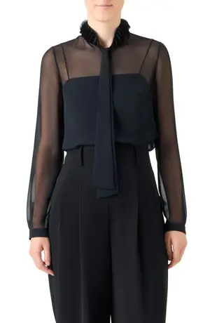 Akris Ruffle Mock Neck Sheer Button-up Shirt