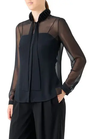 Akris Ruffle Mock Neck Sheer Button-up Shirt