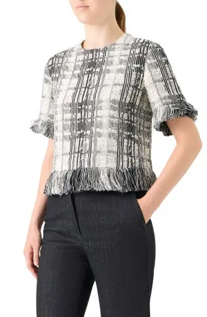 Akris Fringe Plaid Tweed Top