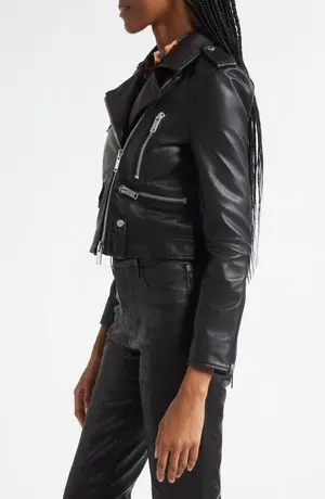 L'Agence Blakely Cropped Leather Biker Jacket - Black