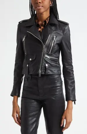 L'Agence Blakely Cropped Leather Biker Jacket - Black