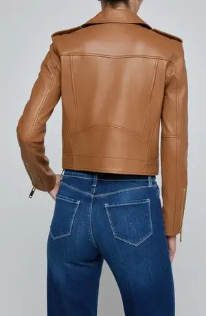 L'Agence Blakely Cropped Leather Biker Jacket - Soft Cognac