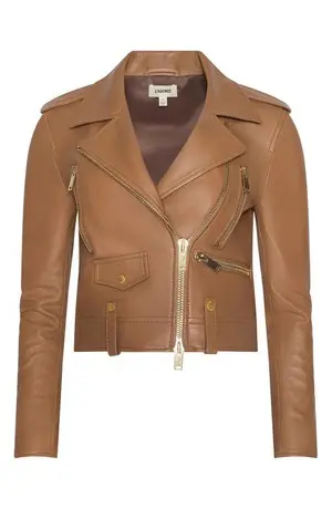 L'Agence Blakely Cropped Leather Biker Jacket - Soft Cognac