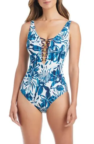 BLEU BY ROD BEATTIE Lace-up One-piece Swimsuit - Blue Multi
