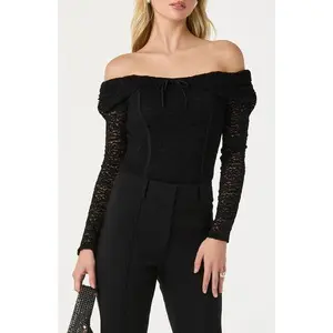 Astr The Label Off-the-shoulder Lace Top With Corset Seams