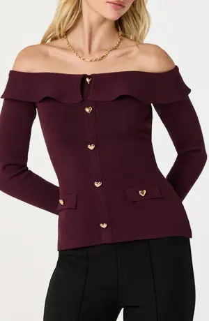 Astr The Label Heart Button Off-the-shoulder Sweater - Burgundy