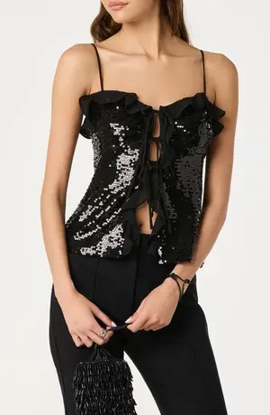 Astr The Label Sequin Ruffle Trim Tie-front Top