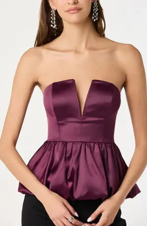 Astr The Label Satin Strapless Peplum Top - Wine