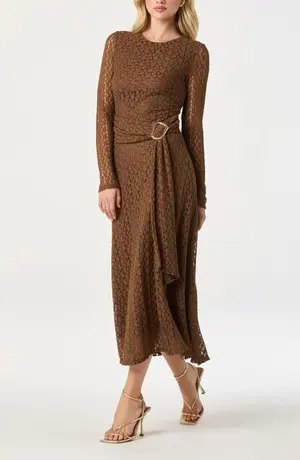 Astr The Label Long Sleeve Lace Midi Dress - Brown