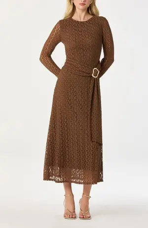 Astr The Label Long Sleeve Lace Midi Dress - Brown