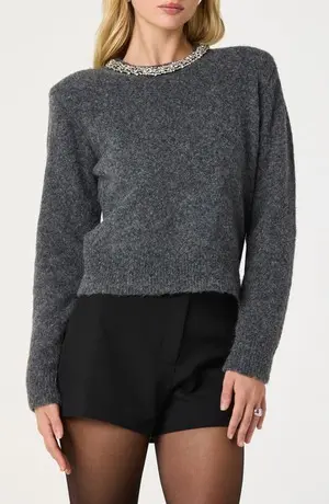 Astr The Label Embellished Collar Crewneck Sweater - Charcoal Grey