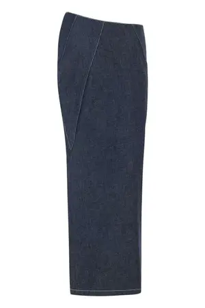 JENDUE Vonk Asymmetric Dark Wash Denim Midi Skirt