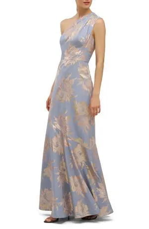 KAY UNGER Gianella Floral Metallic Jacquard One-shoulder Gown
