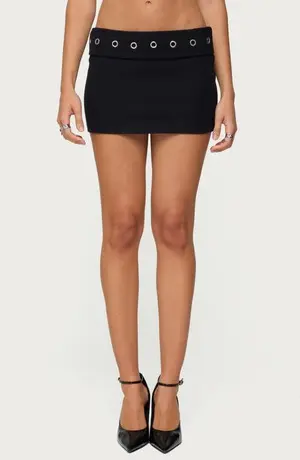 EDIKTED Havana Grommet Foldover Low Rise Mini Skirt - Black