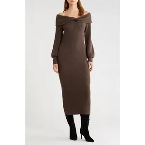 Astr The Label Tilde Long Sleeve Rib Sweater Dress - Walnut