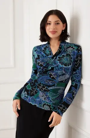 Karen Kane Dotted Floral Crossover Rib Top