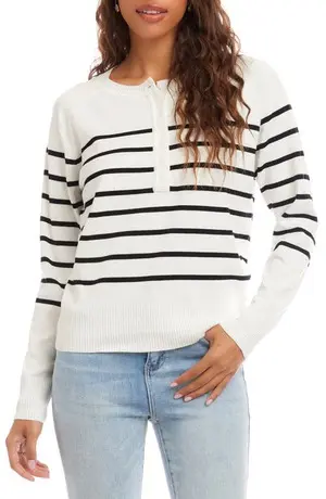 Karen Kane Stripe Henley Sweater - Off White/black