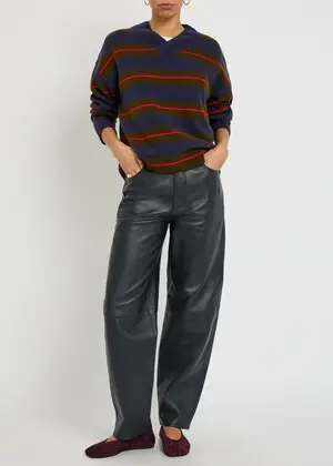 FRAME The Leather Neat Barrel-leg Trousers - Navy