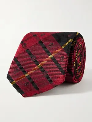 Alexander McQueen 8cm Logo-Embroidered Checked Silk Tie Red