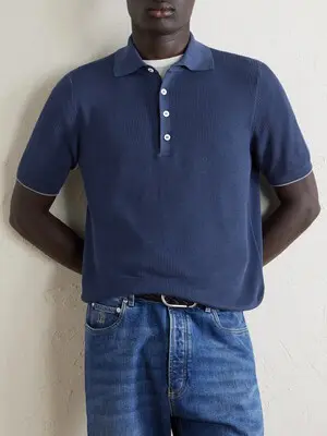 Brunello Cucinelli Ribbed Cotton Polo Shirt - Blue