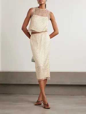 Staud Seraphina Cropped Embellished Tulle Top - Neutrals