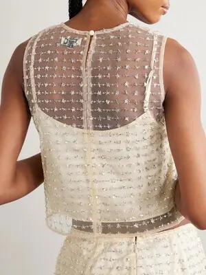 Staud Seraphina Cropped Embellished Tulle Top - Neutrals