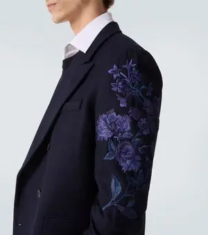 Dries Van Noten Floral Double-breasted Wool Coat - Blue