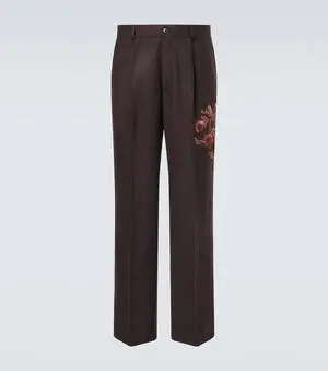 Dries Van Noten Embroidered Wool Flannel Straight Pants