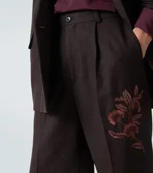 Dries Van Noten Embroidered Wool Flannel Straight Pants