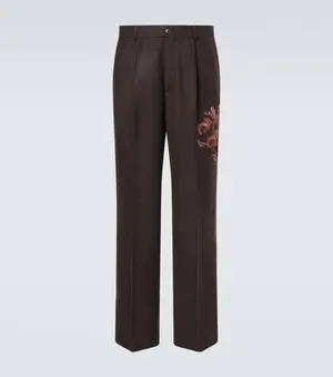 Dries Van Noten Embroidered Wool Flannel Straight Pants - Brown
