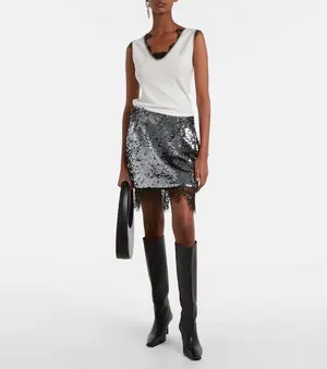 JACQUES WEI Lace-trimmed Sequined Miniskirt - Silver