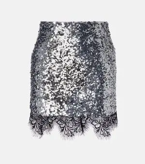 JACQUES WEI Lace-trimmed Sequined Miniskirt - Silver