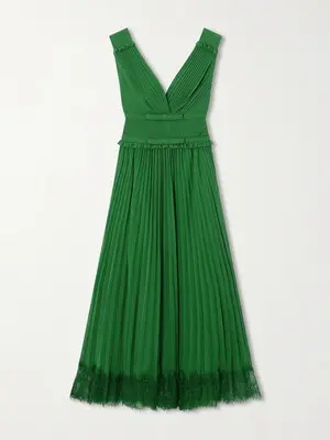 SELF-PORTRAIT Lace-trimmed Pleated Chiffon Midi Dress