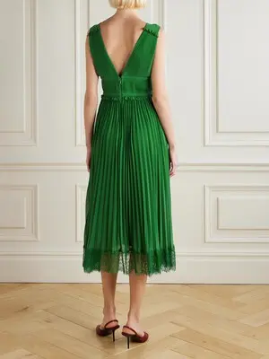 SELF-PORTRAIT Lace-trimmed Pleated Chiffon Midi Dress