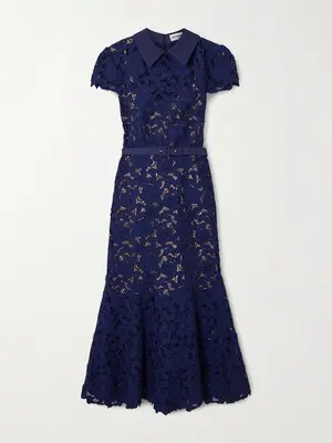 SELF-PORTRAIT Belted Guipure Lace Midi Dress - Blue