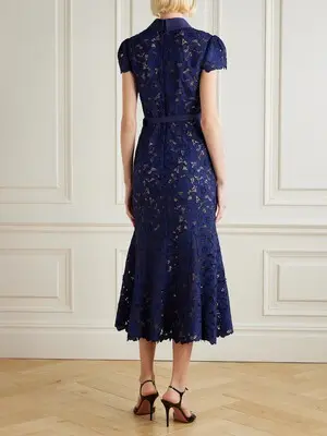 SELF-PORTRAIT Belted Guipure Lace Midi Dress - Blue