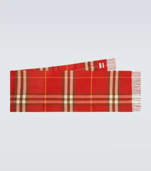 Burberry Check Fringed Cashmere Scarf - Red