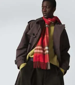 Burberry Check Fringed Cashmere Scarf - Red