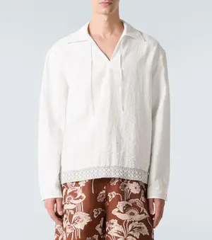 Commas Crochet-trimmed Tie-neck Linen-blend Shirt