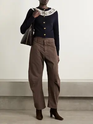 NILI LOTAN Shon Brushed Stretch-cotton Twill Barrel-leg Pants - Brown